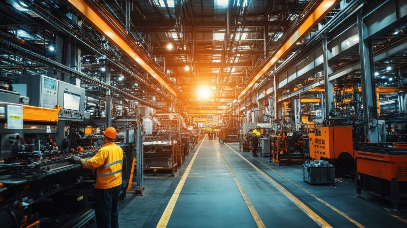 A Busy Manufacturing Facility with Machinery and Workers in an ...