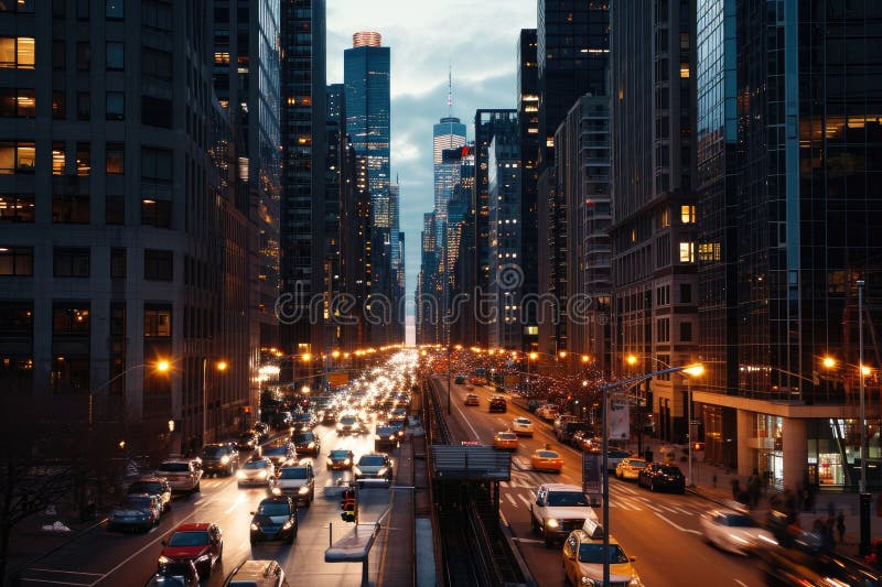 Busy Metropolitan Cityscape at Dusk with Skyline Illuminated, AI ...