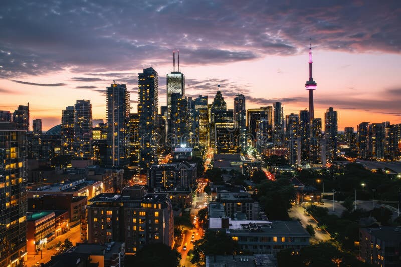 Busy Metropolitan Cityscape at Dusk with Skyline Illuminated, AI ...