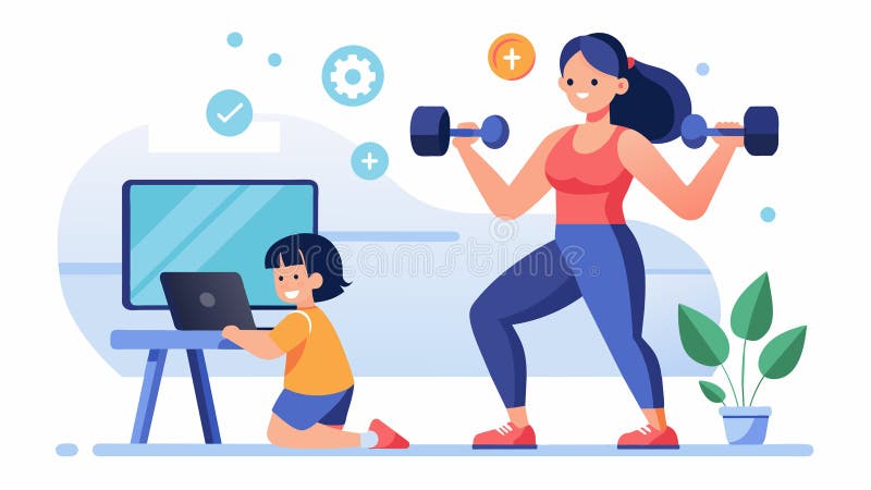 A Busy Mom Completing a Virtual Strength Training Routine Her Avatar ...