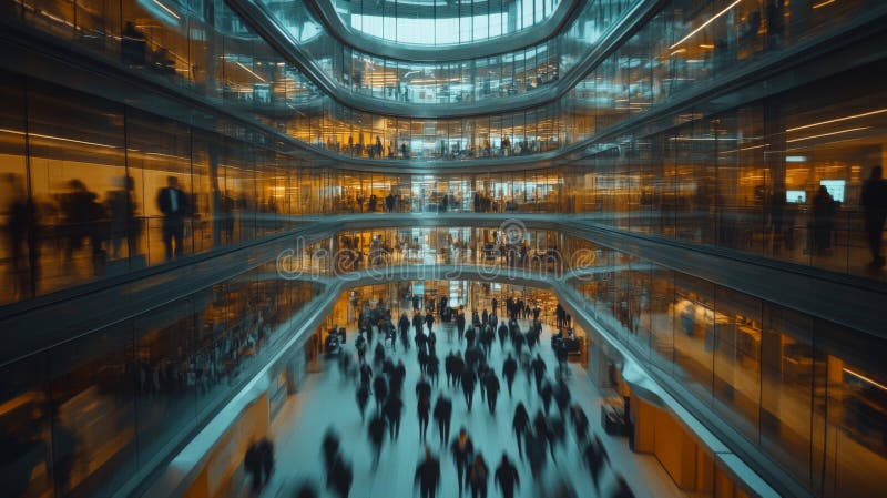 A Busy Multistory Office Atrium with Motion Blur Stock Illustration ...