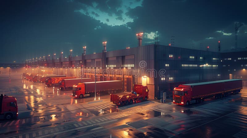 Busy Nighttime Scene at Warehouse with Illuminated Trucks Loading Cargo ...