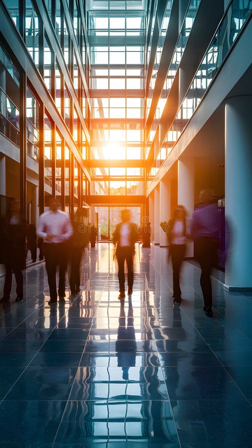Busy Office Atrium Flooded with Warm Light, Reflecting Architecture in ... Busy Office Atrium Flooded with Warm Light, Reflecting Architecture in ...