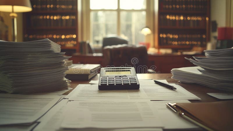 Busy Office Desk with Documents and Calculator Stock Illustration ...