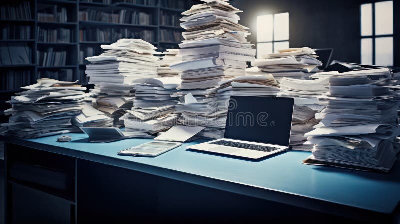 Busy Office Desk with a Laptop and a Large Stack of Paperwork Stock ...