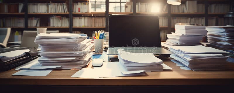 Busy Office Desk with a Laptop and a Large Stack of Paperwork Stock ...