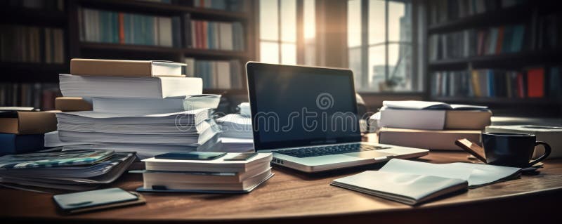 Busy Office Desk with a Laptop and a Large Stack of Paperwork Stock ...