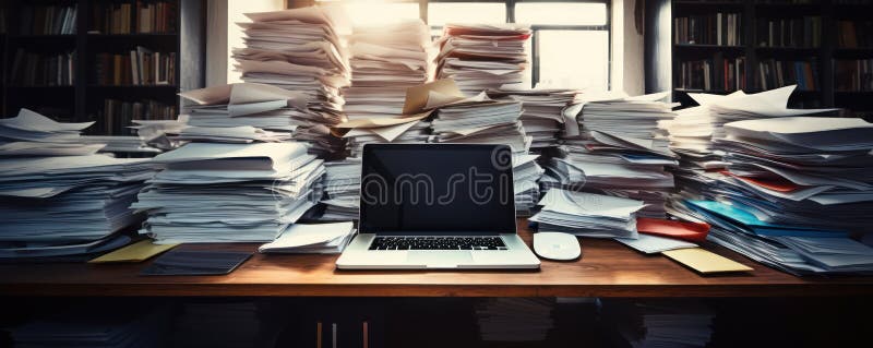 Busy Office Desk with a Laptop and a Large Stack of Paperwork Stock ...