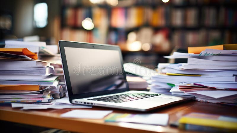 Busy Office Desk with a Laptop and a Large Stack of Paperwork. AI ...
