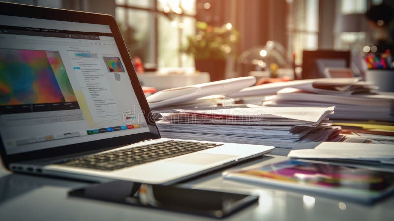 Busy Office Desk with a Laptop and a Large Stack of Paperwork. AI ...