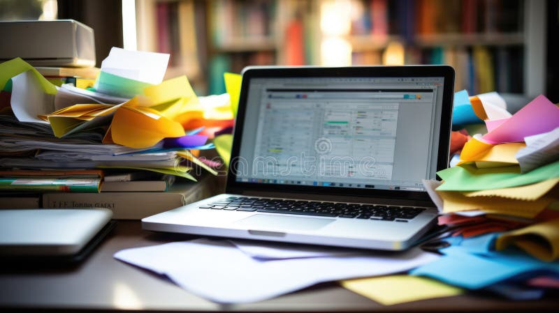 Busy Office Desk with a Laptop and a Large Stack of Paperwork. AI ...