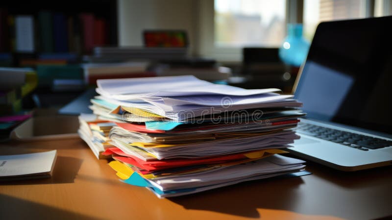Busy Office Desk with a Laptop and a Large Stack of Paperwork. AI ...