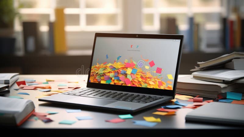 Busy Office Desk with a Laptop and a Large Stack of Paperwork. AI ...