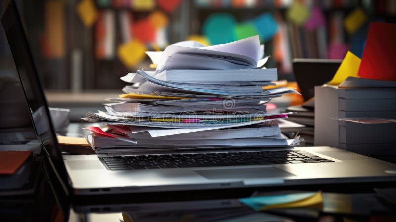 Busy Office Desk with a Laptop and a Large Stack of Paperwork. AI ...