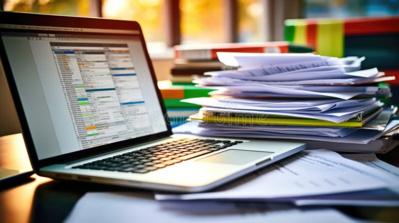 Busy Office Desk with a Laptop and a Large Stack of Paperwork. AI ...