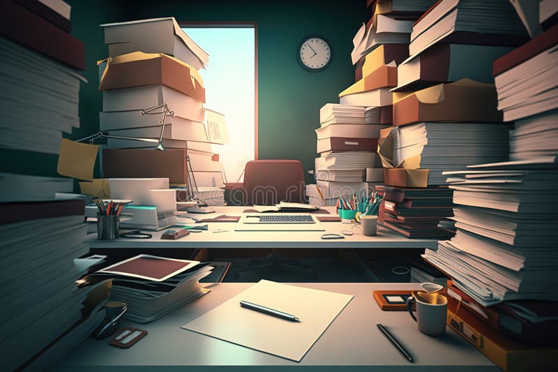 Busy Office Full of Piles of Paperwork and Files. Stock Illustration ...