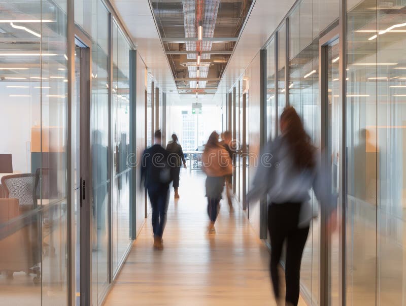 Busy Office Hallway with Glass Partitions Stock Illustration ...