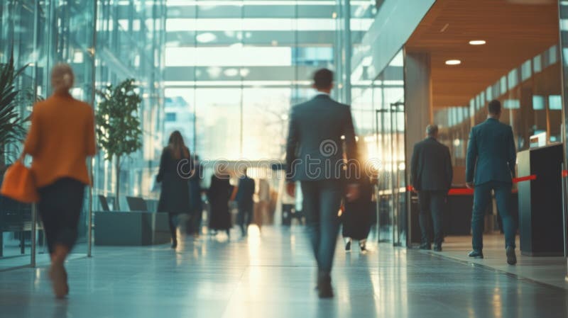 Busy Office Lobby with Blurred Motion and Sunlight Stock Illustration ...