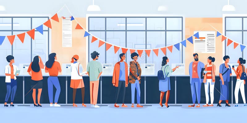 A Busy Office Scene with People Interacting and Waiting in Line ...