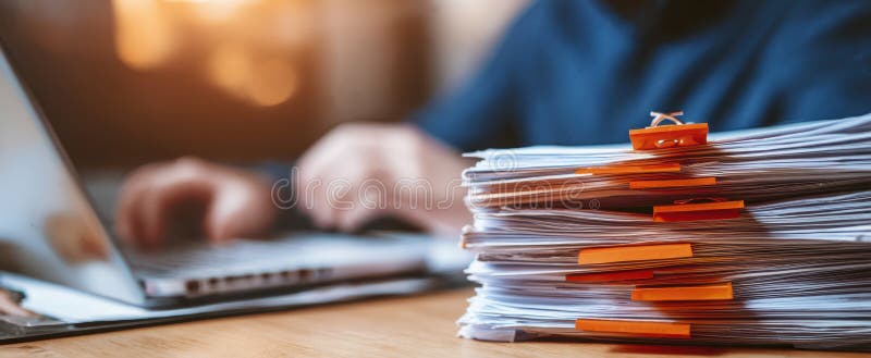 The Busy Office Scene with Stacks of Organized Paperwork and a Laptop ...