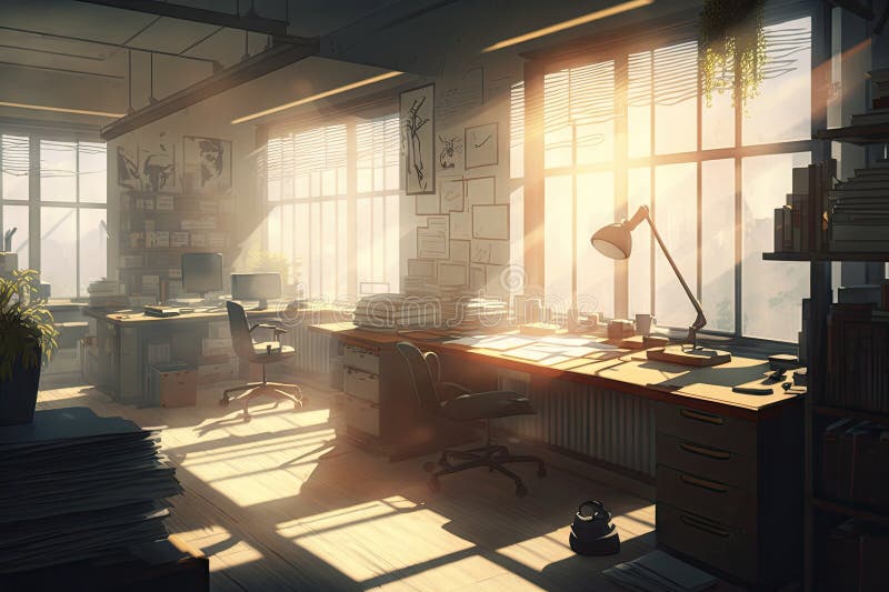 A Busy Office, with the Sun Rays Shining through the Windows and ...