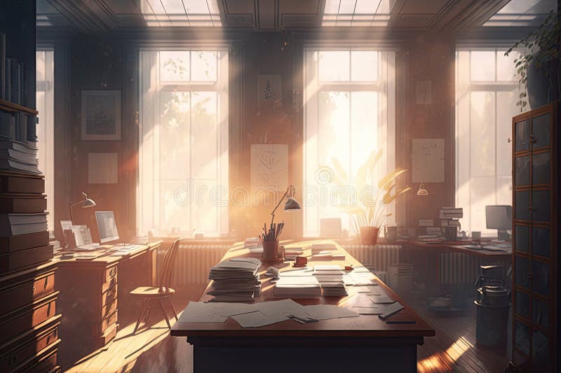 A Busy Office, with the Sun Rays Shining through the Windows and ...