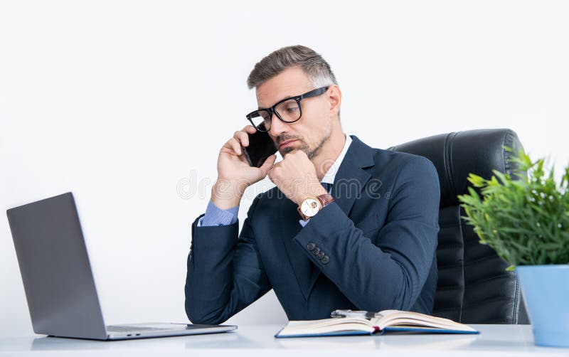 Busy Office Worker in Eyewear Talking on Phone with Computer Stock ...