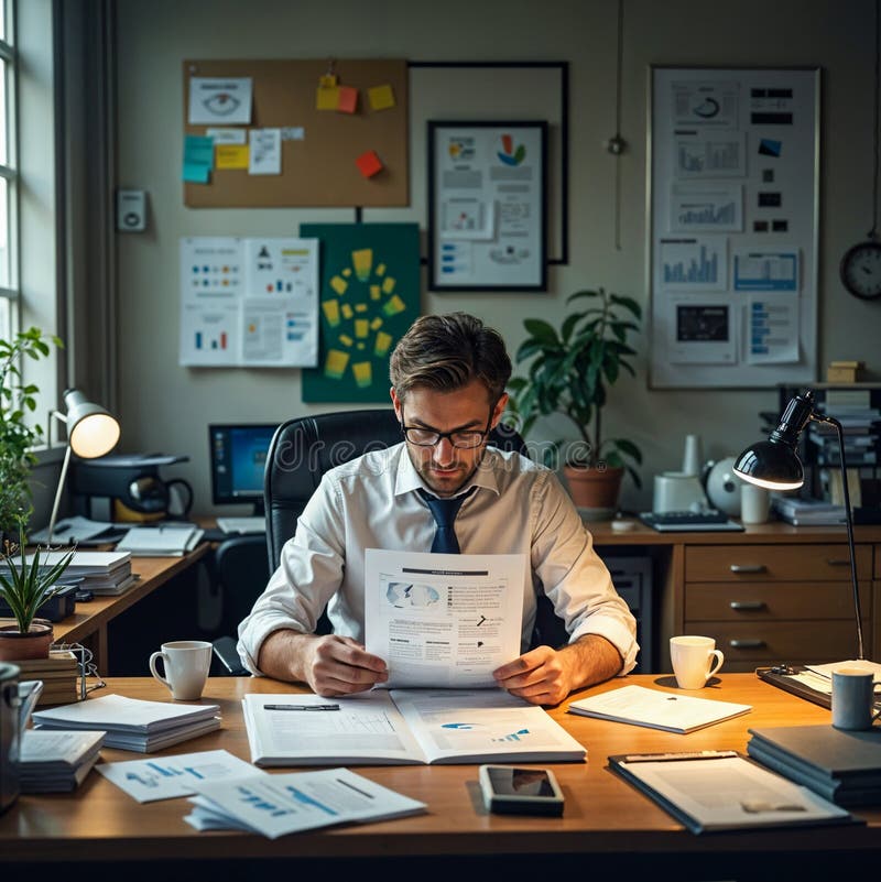 Busy Office Worker Reviewing Documents at Cluttered Desk in Office ...