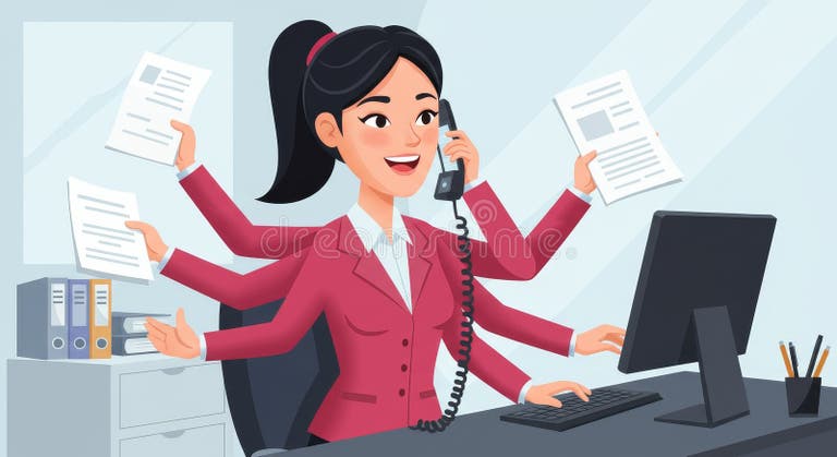 Busy Office Worker Multitasking in Modern Workplace a Cheerful Office ...