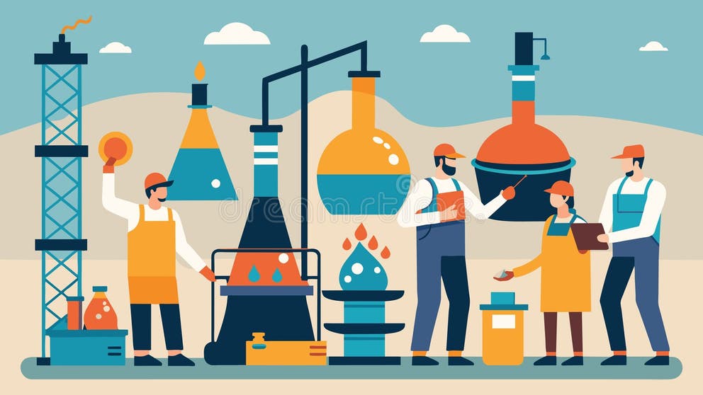 A Busy Oil Refinery with Technicians Pouring and Mixing Various Samples ...