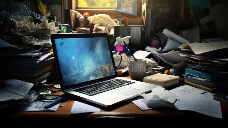 Busy open laptop on desk stock illustration. Illustration of project ...