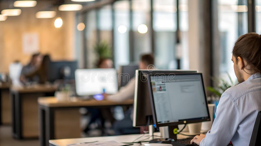 Busy Open Office Environment with Professionals Working on Computers ...