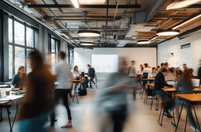 Busy Open Office Space with Diverse Team Collaborating in Modern ...