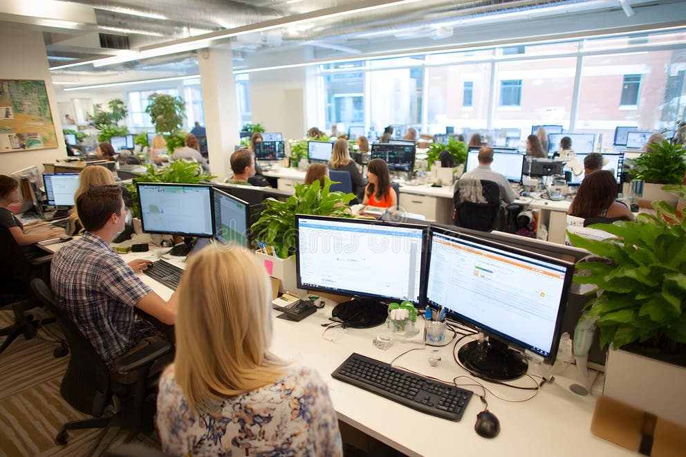 Busy Open Plan Office Interior with Many Employees at Work Using ...