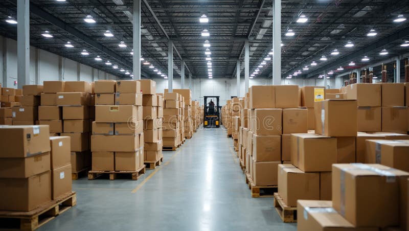 Busy Packaging Warehouse with Stacked Boxes on Pallets and Forklifts in ...