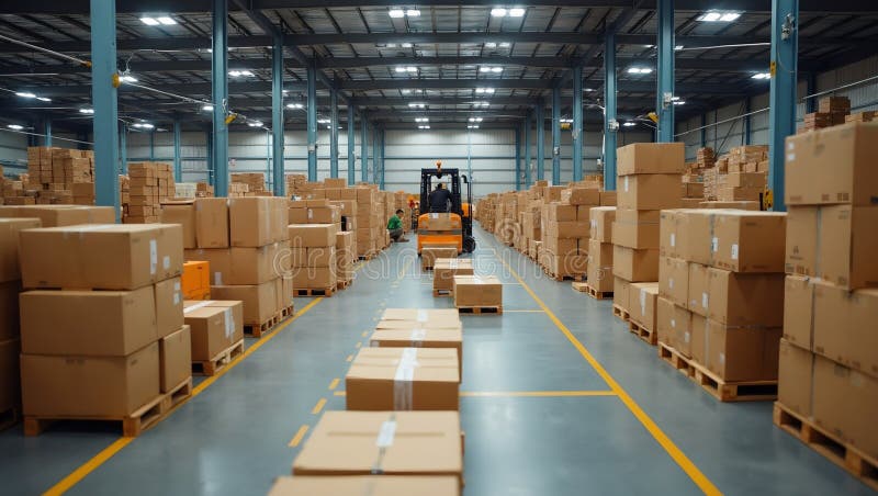 Busy Packaging Warehouse with Stacked Boxes on Pallets and Forklifts in ...