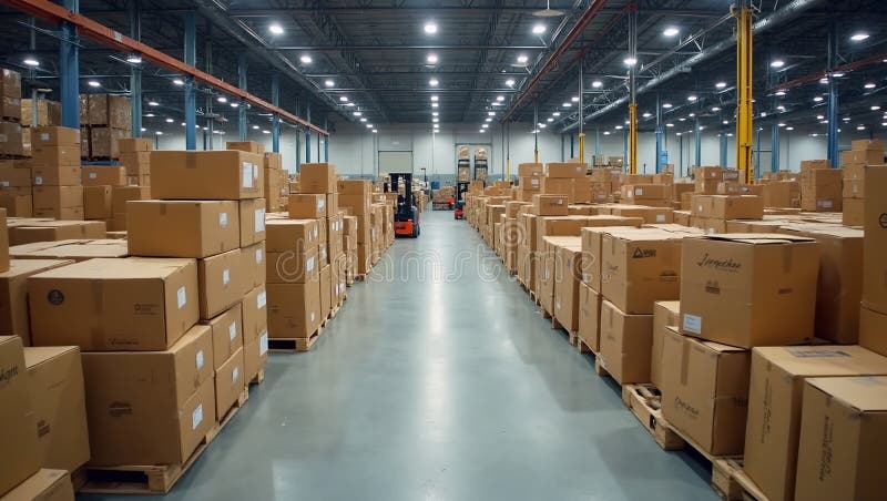 Busy Packaging Warehouse with Stacked Boxes on Pallets and Forklifts in ...
