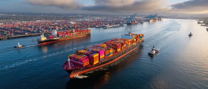 The Busy Port with Container Ships Navigating through the Harbor Waters ...