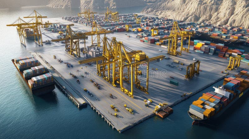 Aerial View of a Busy Shipping Port Stock Illustration - Illustration ...