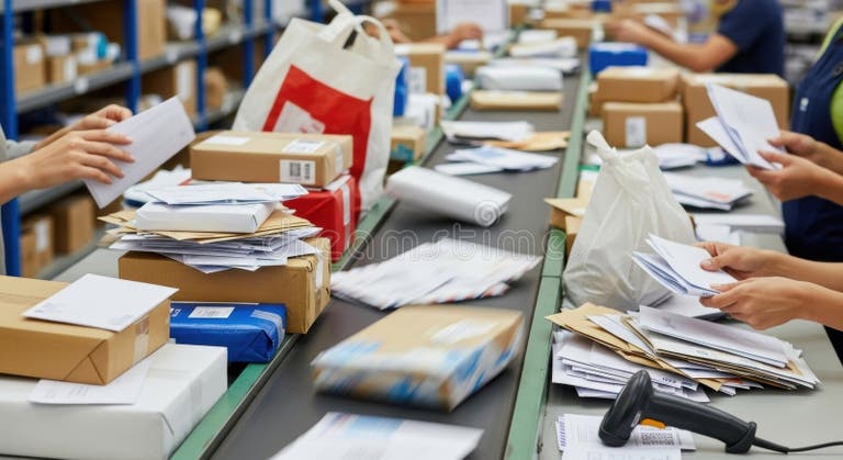 Busy Postal Sorting Facility with Workers Organizing Mail and Packages ...