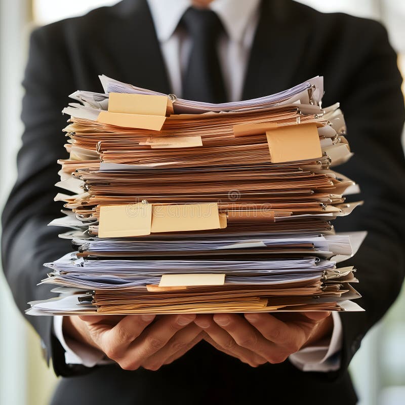 Busy Professional Juggling a Mountain of Paperwork in a Modern Office ...