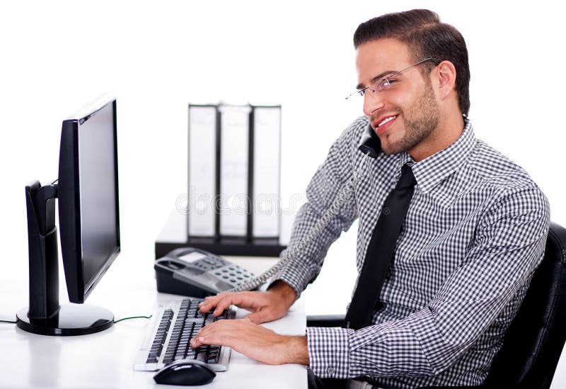 Table Work in Office with Telephone and Computer Stock Photo - Image of ...