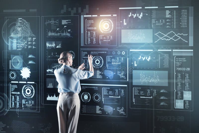 Busy Programmer Standing in Front of a Transparent Screen and Looking ...