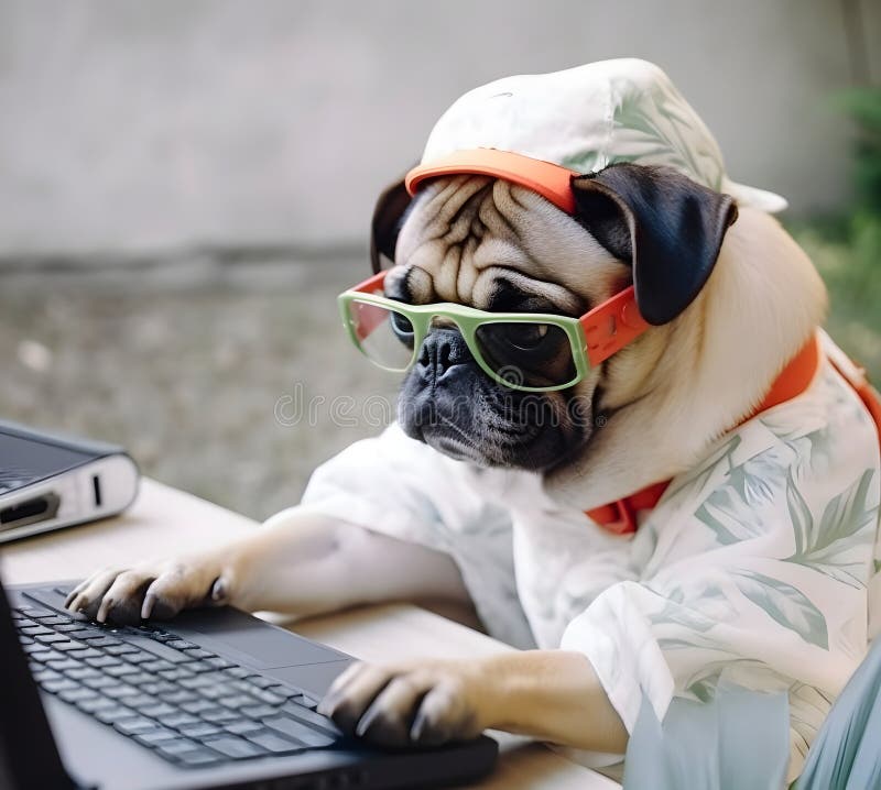 Busy Pug Dog. Concept of Hardworking or Work from Home Stock ...