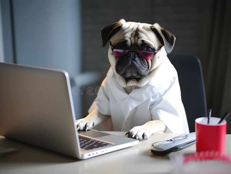 Busy Pug Dog. Concept of Hardworking or Work from Home Stock ...