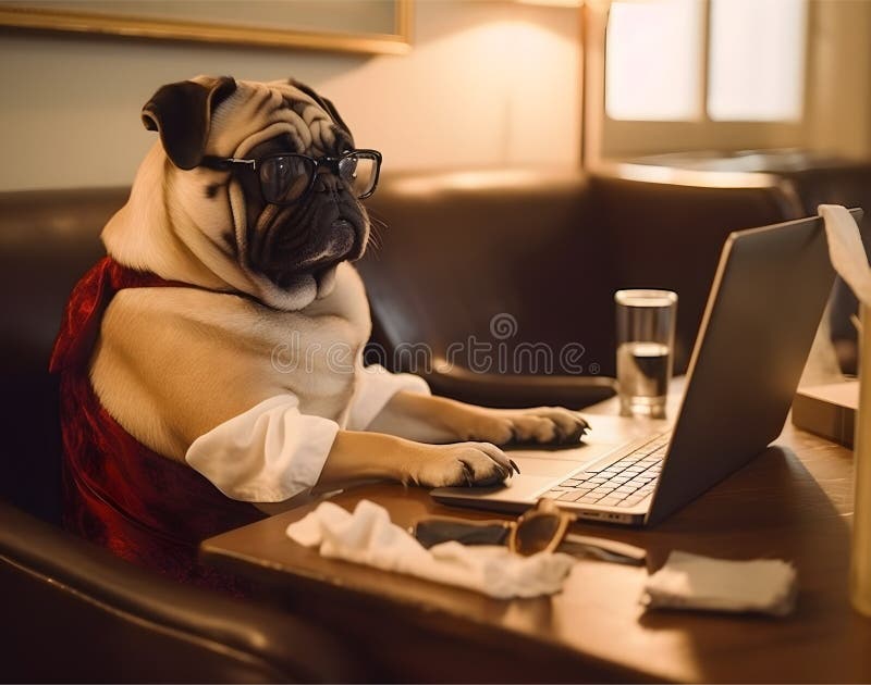 Busy Pug Dog. Concept of Hardworking or Work from Home Stock ...
