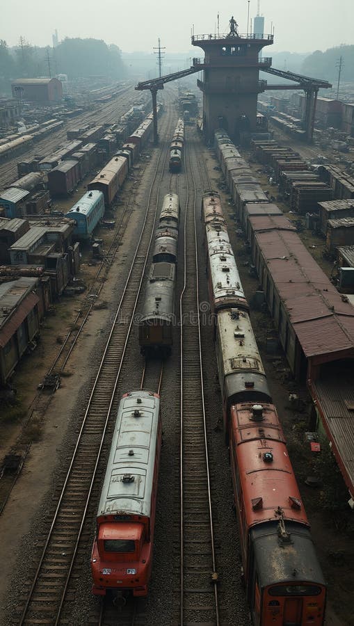 Busy Railway Yard with Old New Trains on Multiple Tracks Controlled by a Tower with Signals ...
