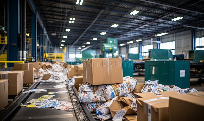 Busy Recycling Warehouse with Rows of Boxes Stock Image - Image of ...