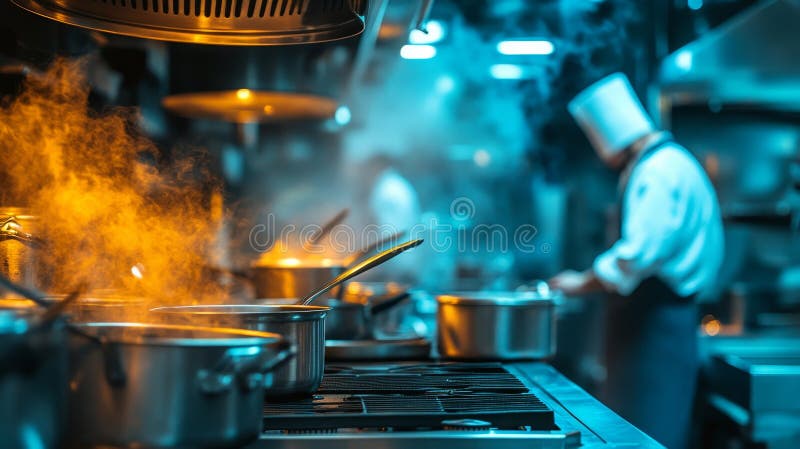 Busy Restaurant Kitchen, Steaming Pots on Stove with Chefs Working in ...