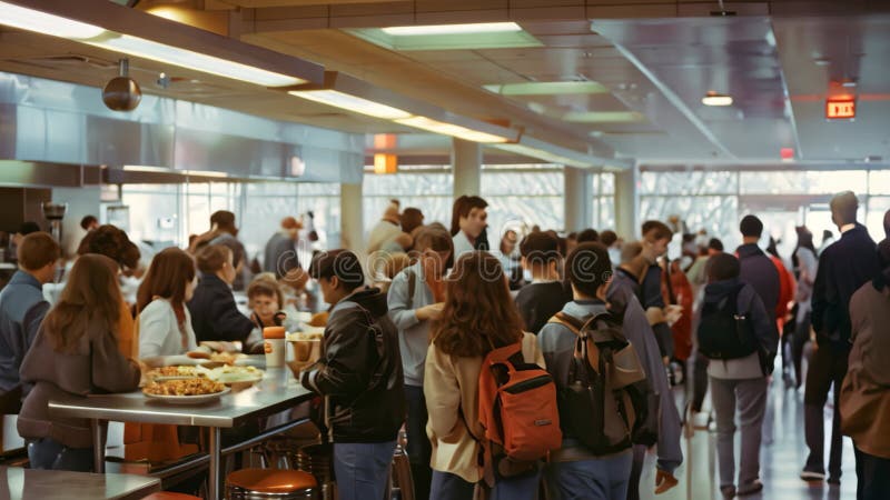 A Busy School Cafeteria with Students Chatting and Eating, Crowded ...